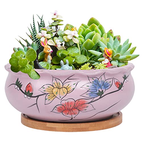 G EPGardening 8 Inch Ceramic Succulent Planter Pot with Drainage Hole Round Shallow Bonsai Planter Pot with Bamboo Saucer Flower Pot for Indoor Plants Pink