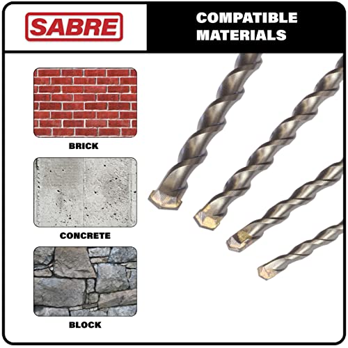 Sabre Tools 4-Piece 12 Inch SDS Plus Drill Bit Set, Carbide Tipped, Rotary Hammer Drill Bits for Brick, Stone, Concrete (5/8in x 12in, 3/4in x 12in, 7/8in x 12in, 1in x 12in)