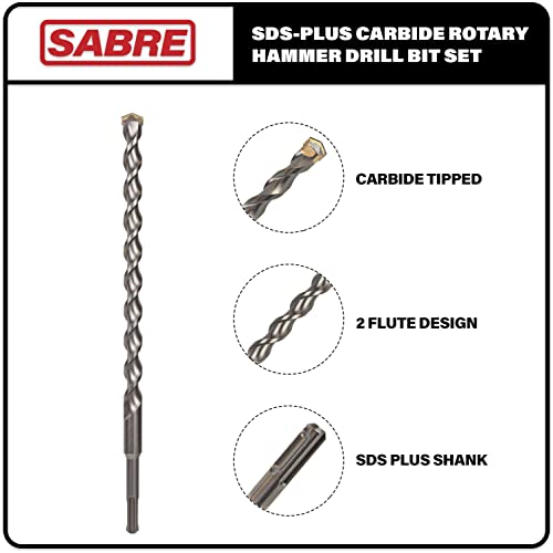 Sabre Tools 4-Piece 12 Inch SDS Plus Drill Bit Set, Carbide Tipped, Rotary Hammer Drill Bits for Brick, Stone, Concrete (5/8in x 12in, 3/4in x 12in, 7/8in x 12in, 1in x 12in)