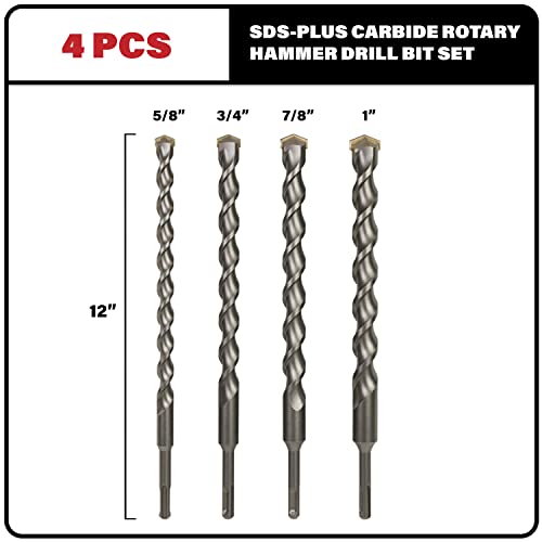 Sabre Tools 4-Piece 12 Inch SDS Plus Drill Bit Set, Carbide Tipped, Rotary Hammer Drill Bits for Brick, Stone, Concrete (5/8in x 12in, 3/4in x 12in, 7/8in x 12in, 1in x 12in)