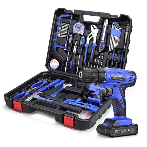 jar-owl Daily Household Tool Set with Drill, 21V Cordless Drill Drive Set with 112pcs Combo Hand Tool Kit for Mens Home Repair