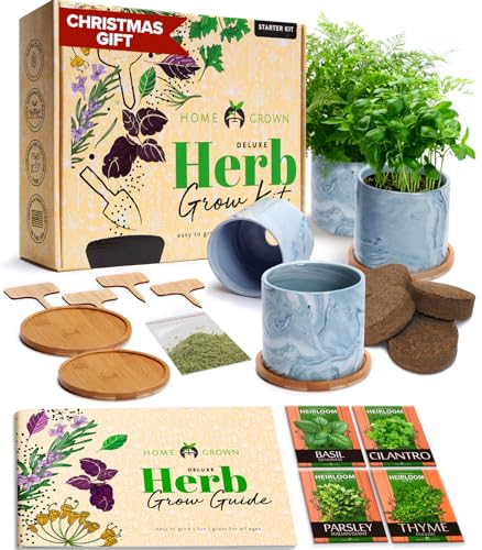 4 Herb Garden Starter Kit Indoor: Complete Grow Kit w/Deluxe Ceramic Pots & Soil - DIY Herb Seeds to Plant, Window Garden Home Growing Kit - Best Plant Gifts for Women, Unique Gifts for Cooks