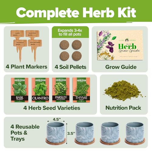 4 Herb Garden Starter Kit Indoor: Complete Grow Kit w/Deluxe Ceramic Pots & Soil - DIY Herb Seeds to Plant, Window Garden Home Growing Kit - Best Plant Gifts for Women, Unique Gifts for Cooks