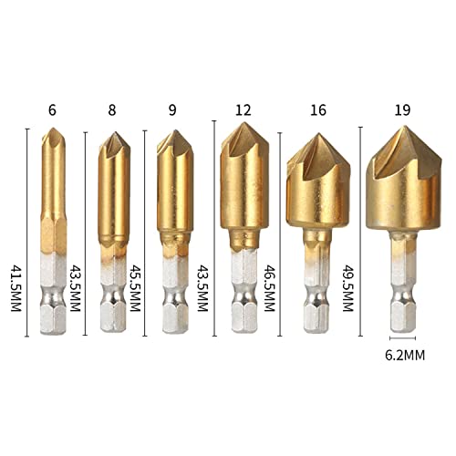 Xnrtop Countersink Drill Bit, Countersink Drill Bit Set 6 Pcs 1/4'' Hex Shank HSS 5 Flute Countersink 90 Degree Center Punch Tool Sets for Wood Quick Change Bit 6mm-19mm