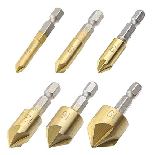 Xnrtop Countersink Drill Bit, Countersink Drill Bit Set 6 Pcs 1/4'' Hex Shank HSS 5 Flute Countersink 90 Degree Center Punch Tool Sets for Wood Quick Change Bit 6mm-19mm