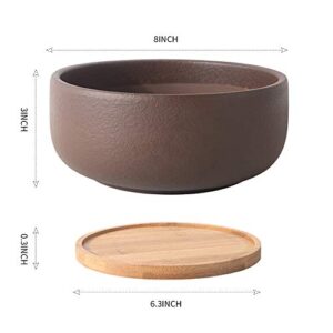 SQOWL Terracotta Bonsai Planter Pot for Succulent 8 Inch Pottery Pot Round Planter Cactus Clay Flower Pot with Drain Hole and Bamboo Tray Indoor Outdoor