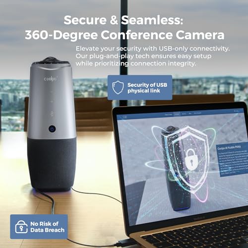 COOLPO Webcam, 360 Video Conference Camera, 4K All-in-one Conference Room Camera with Speaker, Microphone, Meeting Room Camera, AI Speaker Tracking, Noise Cancellation, Teams, Zoom, PANA 5ft USB Cable