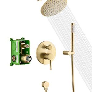 sumerain Brushed Gold Shower Faucet System with high pressure 8 Inches rain shower head and brass hand shower, Rough-In Valve Body and Trim Included