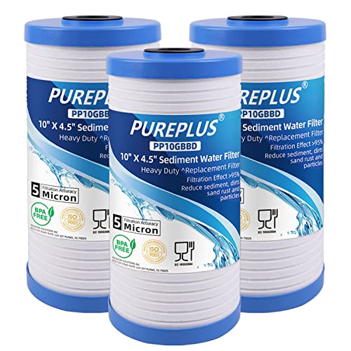 PUREPLUS AP810 5 Micron 10" x 4.5" Whole House Sediment Home Water Filter Replacement Cartridge for 3M Aqua-Pure AP810, AP801, AP811, AP801-C, AP801T, AP801B, AP811, Whirlpool WHKF-GD25BB, 3Pack