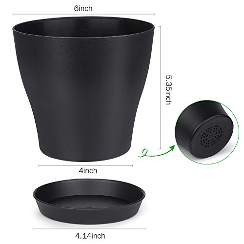 homenote Plant Pots, Set of 15 Plastic Planters with Multiple Drainage Holes and Tray 6 inch Indoor Plant Pot for All Home Garden Flowers Succulents (Black)