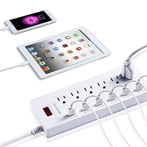 HITRENDS Power Strip Surge Protector 6 Outlets with 6 USB Ports & 8 Ports USB Charging Station - White