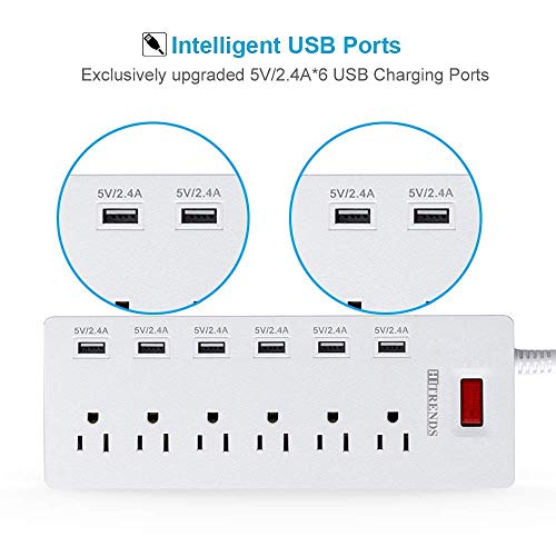 HITRENDS Power Strip Surge Protector 6 Outlets with 6 USB Ports & 8 Ports USB Charging Station - White