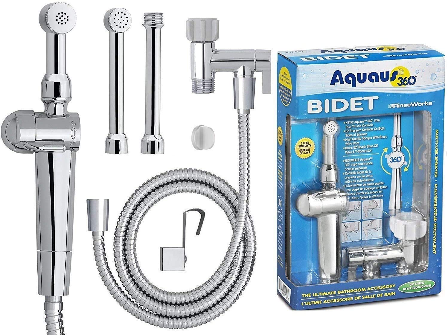 RinseWorks - Aquaus 360 HandHeld Bidet sprayer for Toilet - NSF cUPC Certified for Legal Installation - 2 BackFlows - Dual Pressure Controls – 3” to 11” Spray reach - 3 Year Warranty (Polymer Sprayer)