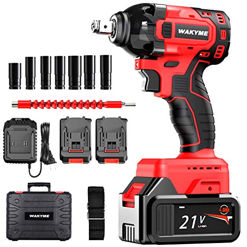 WAKYME 21V MAX Cordless Impact Wrench Kit, 1/2" Brushless Compact Wrench Power Tool Kit, TWO 4.0AH Li-ion Battery, 7Pcs Driver Impact Sockets, Fast Charger, Belt clip, Tool Box (250 Ft-lb Torque)