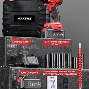 WAKYME 21V MAX Cordless Impact Wrench Kit, 1/2" Brushless Compact Wrench Power Tool Kit, TWO 4.0AH Li-ion Battery, 7Pcs Driver Impact Sockets, Fast Charger, Belt clip, Tool Box (250 Ft-lb Torque)