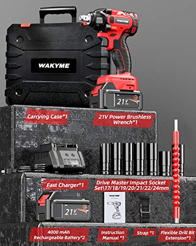 WAKYME 21V MAX Cordless Impact Wrench Kit, 1/2" Brushless Compact Wrench Power Tool Kit, TWO 4.0AH Li-ion Battery, 7Pcs Driver Impact Sockets, Fast Charger, Belt clip, Tool Box (250 Ft-lb Torque)