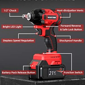 WAKYME 21V MAX Cordless Impact Wrench Kit, 1/2" Brushless Compact Wrench Power Tool Kit, TWO 4.0AH Li-ion Battery, 7Pcs Driver Impact Sockets, Fast Charger, Belt clip, Tool Box (250 Ft-lb Torque)