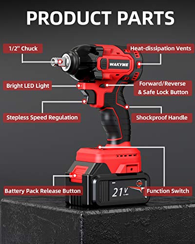 WAKYME 21V MAX Cordless Impact Wrench Kit, 1/2" Brushless Compact Wrench Power Tool Kit, TWO 4.0AH Li-ion Battery, 7Pcs Driver Impact Sockets, Fast Charger, Belt clip, Tool Box (250 Ft-lb Torque)