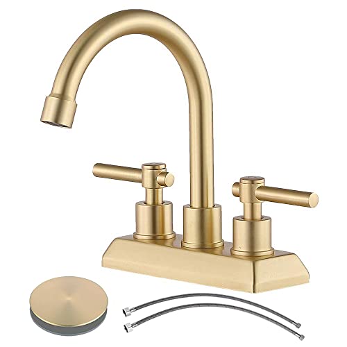 VESLA HOME Modern 2 Handle 4 Inch Centerset Brushed Gold Bathroom Faucet,Lavatory Swivel Spout Bathroom Sink Faucet with Water Supply Lines & Pop-up Drain