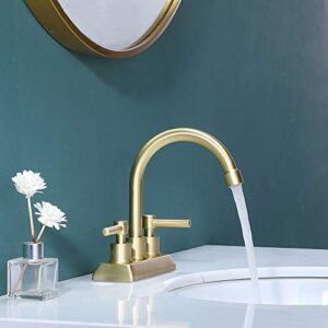 VESLA HOME Modern 2 Handle 4 Inch Centerset Brushed Gold Bathroom Faucet,Lavatory Swivel Spout Bathroom Sink Faucet with Water Supply Lines & Pop-up Drain