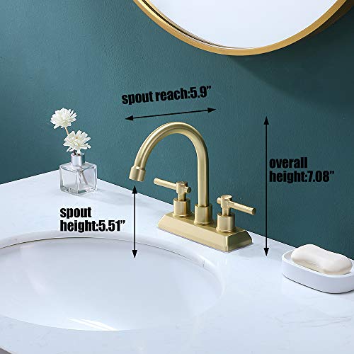 VESLA HOME Modern 2 Handle 4 Inch Centerset Brushed Gold Bathroom Faucet,Lavatory Swivel Spout Bathroom Sink Faucet with Water Supply Lines & Pop-up Drain