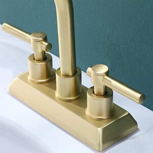 VESLA HOME Modern 2 Handle 4 Inch Centerset Brushed Gold Bathroom Faucet,Lavatory Swivel Spout Bathroom Sink Faucet with Water Supply Lines & Pop-up Drain