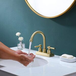 VESLA HOME Modern 2 Handle 4 Inch Centerset Brushed Gold Bathroom Faucet,Lavatory Swivel Spout Bathroom Sink Faucet with Water Supply Lines & Pop-up Drain