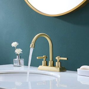 VESLA HOME Modern 2 Handle 4 Inch Centerset Brushed Gold Bathroom Faucet,Lavatory Swivel Spout Bathroom Sink Faucet with Water Supply Lines & Pop-up Drain