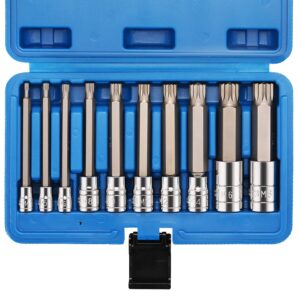 casoman 10 piece spline tip bit socket set, m-type, s2 and cr-v steel, extra long 4'' length, m4-m18, xzn triple square spline bit socket set