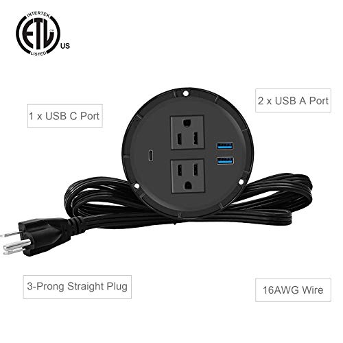 Kungfuking Desktop Power Grommet with PD 20W USB C,Recessed Power Outlets with 2 AC Plugs and 3 USB Charging Ports,Hidden Power Strip for Office Kitchen Cabinet Conference Room