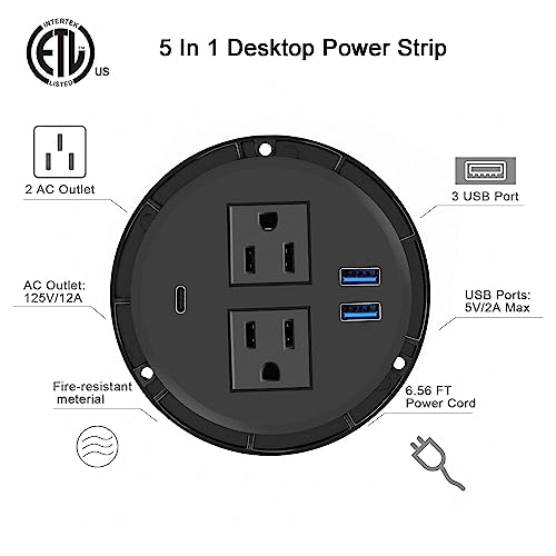 Kungfuking Desktop Power Grommet with PD 20W USB C,Recessed Power Outlets with 2 AC Plugs and 3 USB Charging Ports,Hidden Power Strip for Office Kitchen Cabinet Conference Room