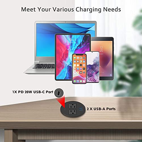 Kungfuking Desktop Power Grommet with PD 20W USB C,Recessed Power Outlets with 2 AC Plugs and 3 USB Charging Ports,Hidden Power Strip for Office Kitchen Cabinet Conference Room