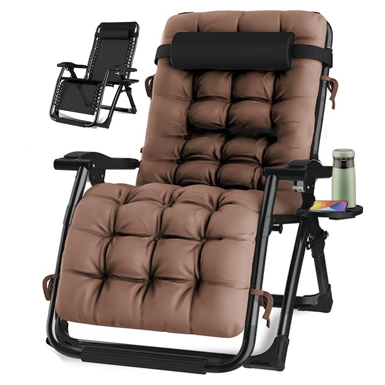 KINGBO Oversized Zero Gravity Chair, Lawn Recliner, Reclining Patio Lounger Chair, Folding Portable Chaise, with Detachable Soft Cushion, Cup Holder, Adjustable Headrest, Support 500 lbs. (29" Wide)