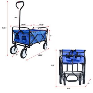 Collapsible Outdoor Utility Wagon Cart with Cup Holder, Large Capacity Folding Garden Shopping Cart,Heavy Duty Foldable Cart, for Activities, Parks, Camping (Blue)