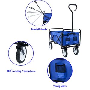 Collapsible Outdoor Utility Wagon Cart with Cup Holder, Large Capacity Folding Garden Shopping Cart,Heavy Duty Foldable Cart, for Activities, Parks, Camping (Blue)