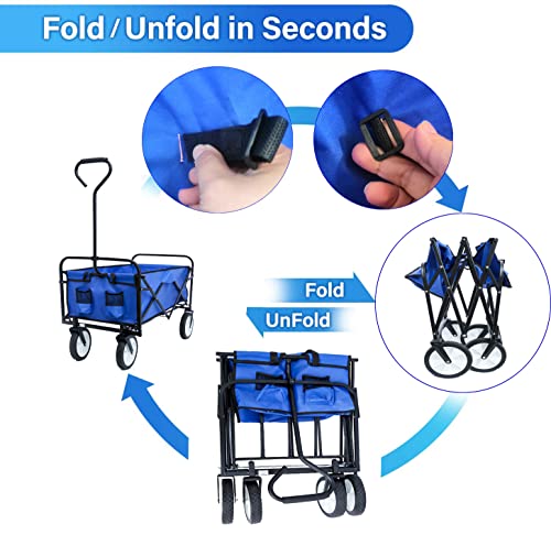 Collapsible Outdoor Utility Wagon Cart with Cup Holder, Large Capacity Folding Garden Shopping Cart,Heavy Duty Foldable Cart, for Activities, Parks, Camping (Blue)