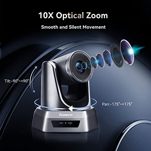 Tenveo PTZ Video Conference Camera 10X Optical Zoom 1080p Full HD USB Webcam with Remote Control for YouTube/Twitch/OBS Live Streaming Skype/Zoom/Teams Meeting Business Church Events Education