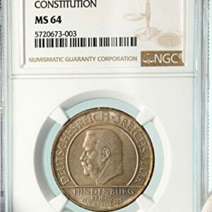 1 DE 1929D GERMANY Weimar Constitution President Hinde 3 Mark MS 64 NGC