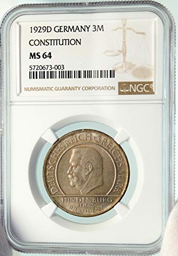 1 DE 1929D GERMANY Weimar Constitution President Hinde 3 Mark MS 64 NGC