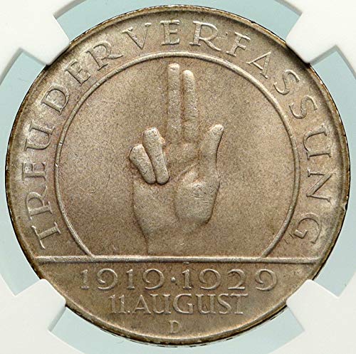 1 DE 1929D GERMANY Weimar Constitution President Hinde 3 Mark MS 64 NGC