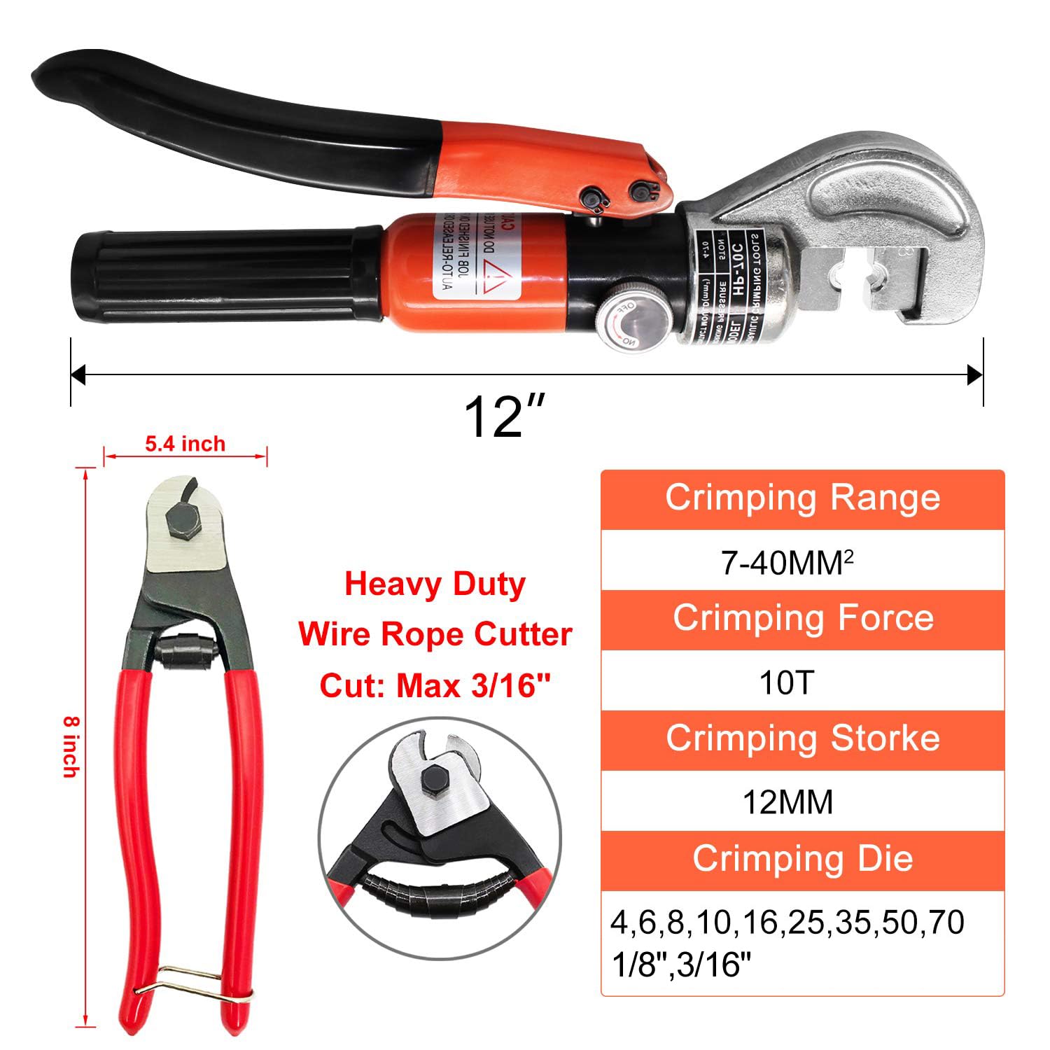 CKE Upgraded 10 Ton Hydraulic Cable Crimper Hand Tool for 1/8, 3/16 Stainless Steel Cable Railing Fittings - Heavy Duty Head with 9 Dies and Cable Cutter