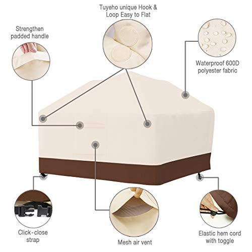 Tuyeho Patio Square Fire Pit Cover 36 x 36 x 22 inch, 600D Heavy Duty Outdoor Fire Table Cover, Waterproof & Weather Resistant for Your Fire Bowl (Beige & Brown)