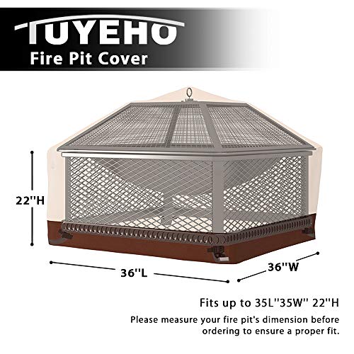 Tuyeho Patio Square Fire Pit Cover 36 x 36 x 22 inch, 600D Heavy Duty Outdoor Fire Table Cover, Waterproof & Weather Resistant for Your Fire Bowl (Beige & Brown)