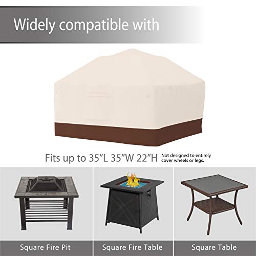 Tuyeho Patio Square Fire Pit Cover 36 x 36 x 22 inch, 600D Heavy Duty Outdoor Fire Table Cover, Waterproof & Weather Resistant for Your Fire Bowl (Beige & Brown)