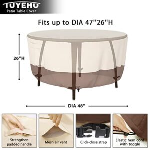 Tuyeho Round Patio Furniture Cover, Durable Oxford Fabric Outdoor Round Table Cover, Waterproof, UV & Rip Resistant Patio Table and Chairs Set Cover, 48"DIA x 26"H Beige & Brown