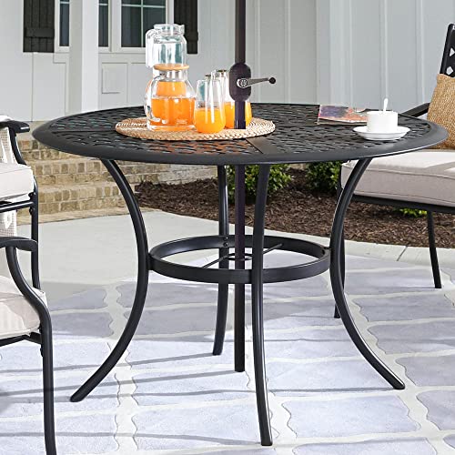 PatioFestival 42. 1" x 42. 1" x28. 3" Round Outdoor Dining Table Space Saving Patio Bistro Table with Umbrella Hole All Weather Steel Frame Metal in Black