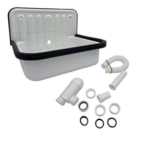 alape bucket sink and drain bundle, small service utility sink with overflow assembly, bottle trap drain, glazed white steel finish, black trim