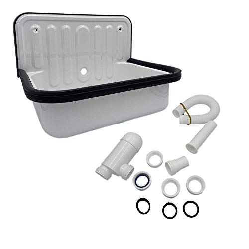 Alape Bucket Sink and Drain Bundle, Small Service Utility Sink with Overflow Assembly, Bottle Trap Drain, Glazed White Steel Finish, Black Trim