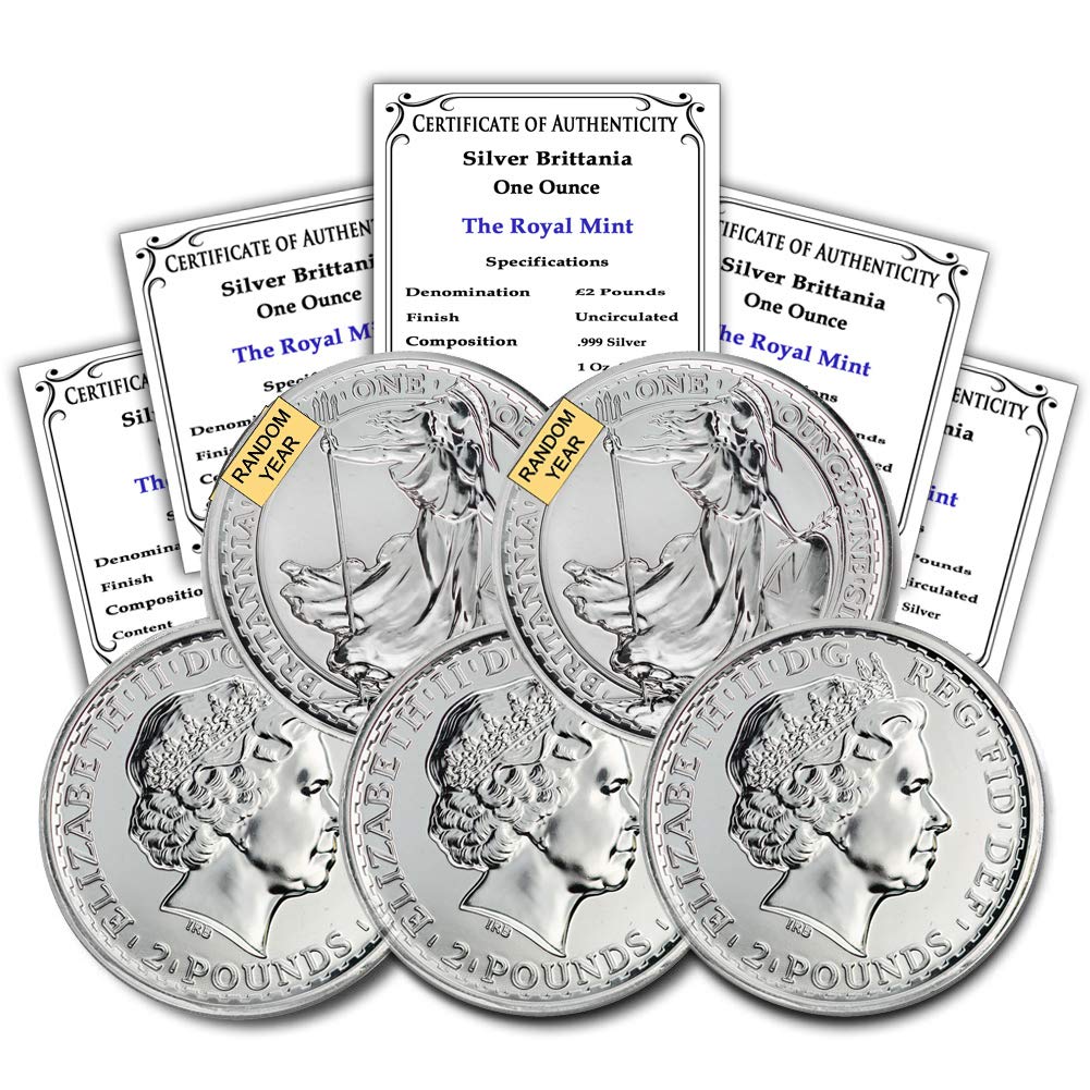 1997 - Present (Random Year) Lot of (5) 1 oz Silver Britannia Coins Brilliant Uncirculated with a Certificate of Authenticity £2 BU