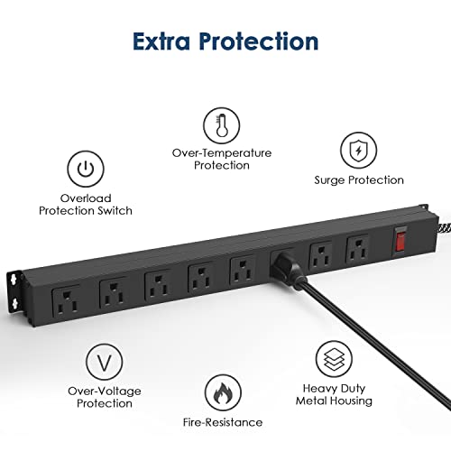 Metal 8 Outlet Mountable Power Strip with Switch,Wide Spaced Heavy Duty Wall Mount Power Strip Surge Protector 1200J,6FT 14AWG Braided Cord 15A 125V 1875W for Home Office Industrial Garage Commercial